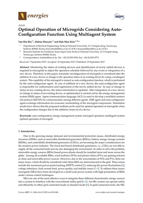 Pdf Optimal Operation Of Microgrids Considering Auto Configuration Function Using Multiagent