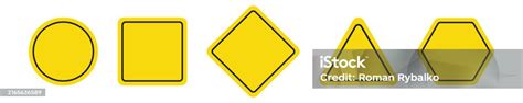Set Of Round Square Rhombic Triangular And Hexagonal Yellow Road Signs