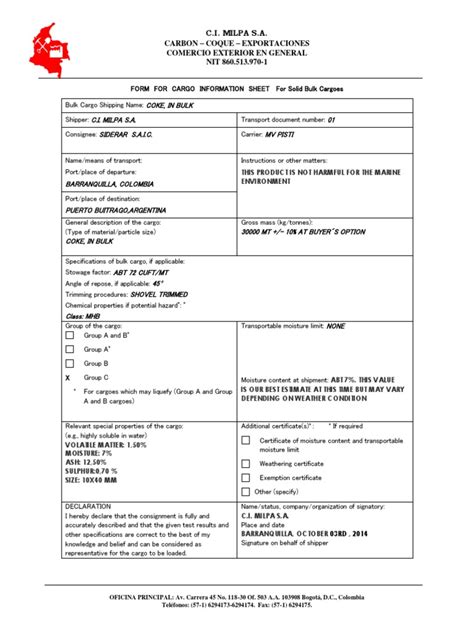 Form For Solid Bulk Cargoes Pdf Cargo Physical Sciences