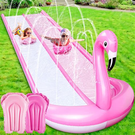 Foilswirl 20ft 3d Flamingo Slip Water Slide Double Lane Lawn Water Slides 3 Sided