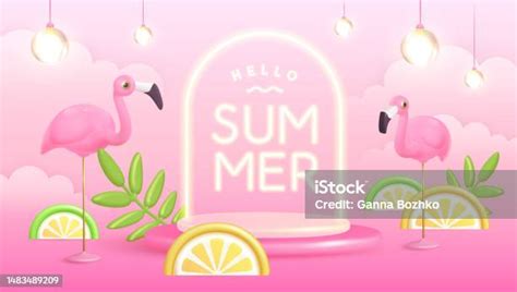 안녕하세요 3d 플라스틱 열대 과일 나뭇잎 플라밍고 네온 텍스트가 있는 여름 포스터입니다 여름 배경입니다 벡터 그림 네온에 대한 스톡 벡터 아트 및 기타 이미지 Istock