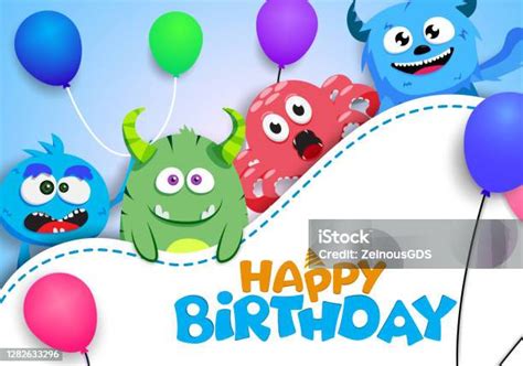 생일 벡터 템플릿 디자인 어린이 파티 축하 디자인에 대한 악마와 문어 같은 무서운 귀여운 캐릭터 생물과 생일 축하 텍스트 0명에 대한 스톡 벡터 아트 및 기타 이미지