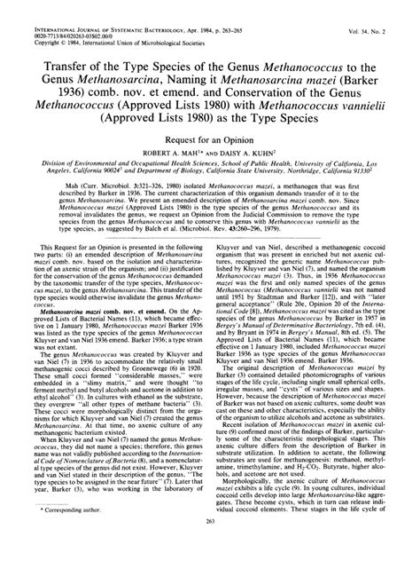 Pdf Transfer Of The Type Species Of The Genus Methanococcus To The