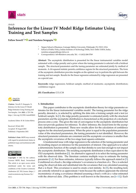 Pdf Inference For The Linear Iv Model Ridge Estimator Using Training And Test Samples