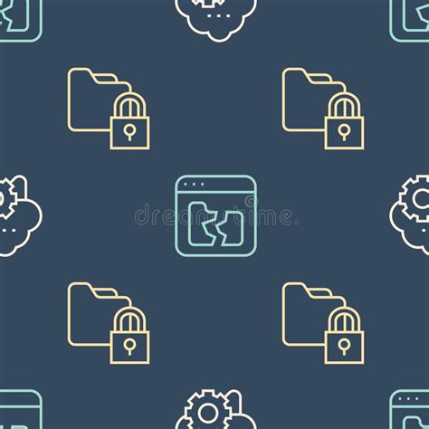 Set Line Cloud Technology Data Transfer Folder And Lock And Broken File On Seamless Pattern