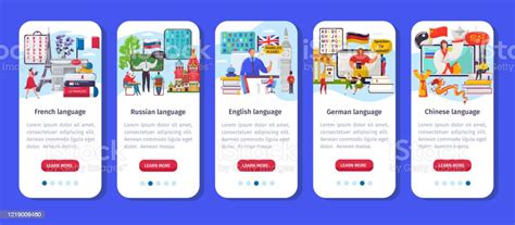 학습 언어 앱 벡터 일러스트 Crtoon 평면 수직 모바일 스마트 폰 응용 프로그램 인터페이스 는 외국어 교육을위한 설정 가공의