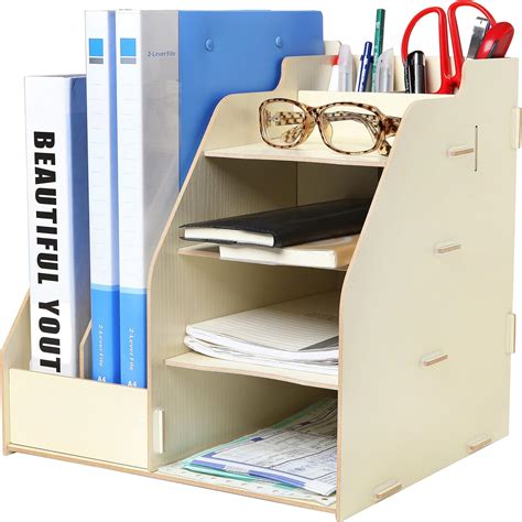 Wood Board Desktop Organizer Rack W 2 Document Magazine Slots Shelf
