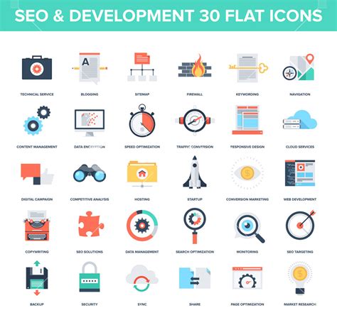 Abstract Vector Set Of Colorful Flat SEO And Development Icons Creative Concepts And Design