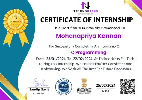 Finished C Programming Internship At Technohacks Edutech Mohanapriya