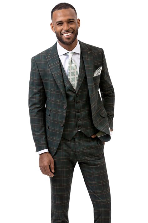 Mens Two Button Modern Fit Peak Lapel Vested Suit In Dark Hunter Green