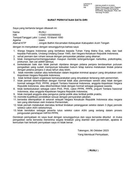 Surat Pernyataan Data Diri Pdf