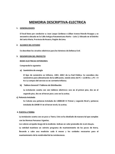 Memoria Descriptiva Electrica Avila Pdf Energia Electrica