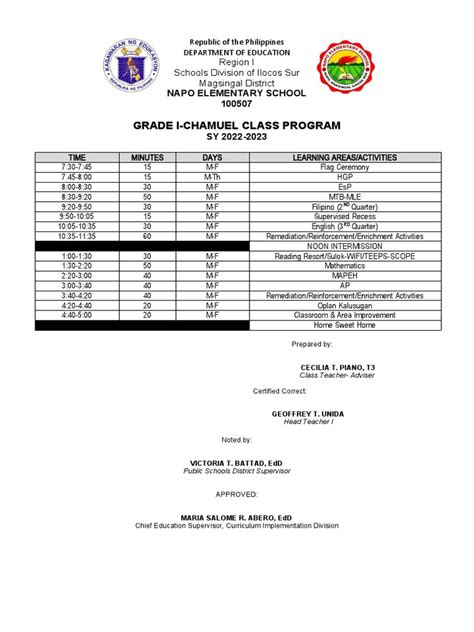 Grade 1 Class Program 2022 2023 Pdf Schools Teaching