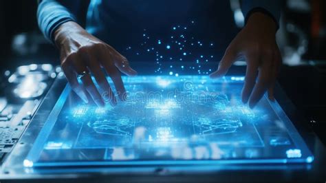 Software Engineer Working With Futuristic Interactive Touchscreen Table