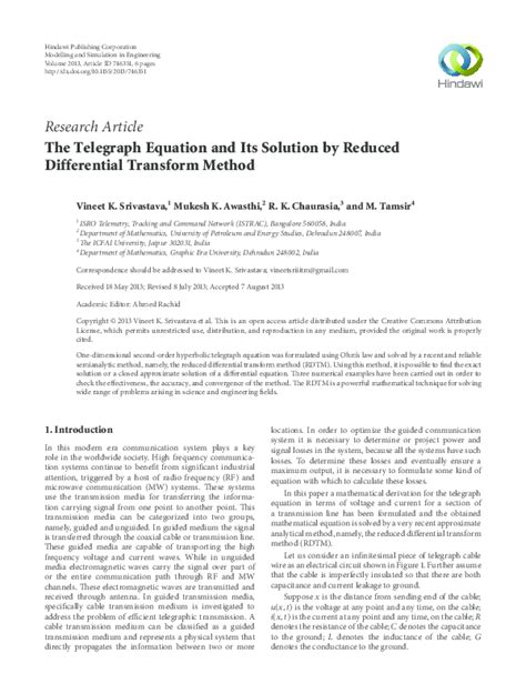Pdf The Telegraph Equation And Its Solution By Reduced Differential Transform Method