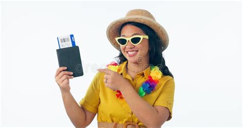 Ticket Passport Excited And Woman Dance Pointing For Flight And