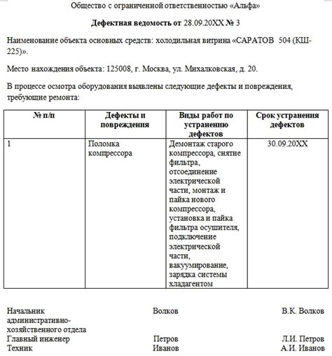 Дефектный акт ведомость форма образец заполнения скачать