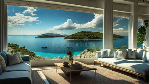 Living Room Overlooking The Ocean Islands Stock Illustration