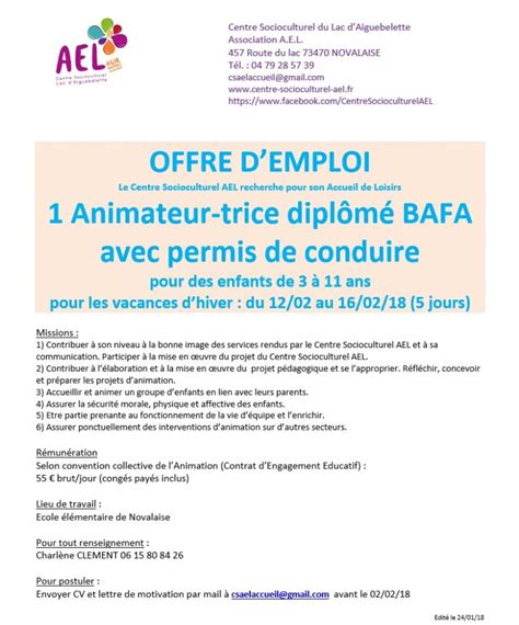 Offre D Emploi Animateur Centre Socioculturel AEL Lac Aiguebelette