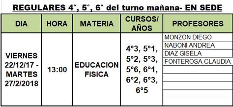 CRONOGRAMA DE EXÁMENES REGULARES TURNO MAÑANA Y TURNO TARDE 1 A 6 AÑO