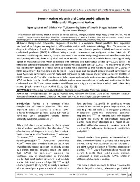 Pdf Serum Ascites Albumin And Cholesterol Gradients In Differential