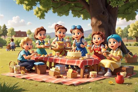 Premium Photo Cartoon Characters Picnic While Cake Bakes