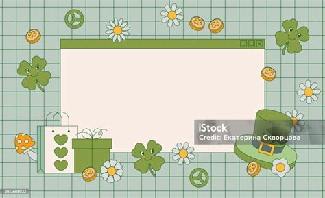 성 패트릭의 날 일 판매 배경 녹색 클로버 벡터 배경입니다 아일랜드 휴일 축하 행사 90년대의 낡은 컴퓨터 2000년대 복고풍 스타일의 인터페이스 성 패트릭 데이 세일 배경