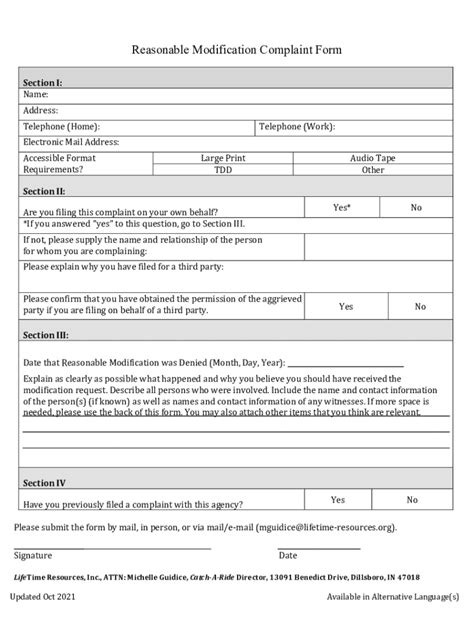 Fillable Online Reasonable Modification Complaint Form Englishdocx