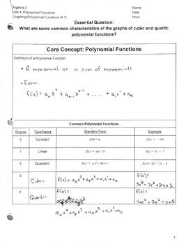Algebra 2 Graphing Polynomial Functions Guided Notes W Key TPT