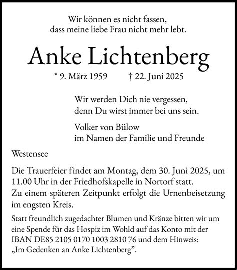 Traueranzeigen Von Anke Lichtenberg Trauer Anzeigen De