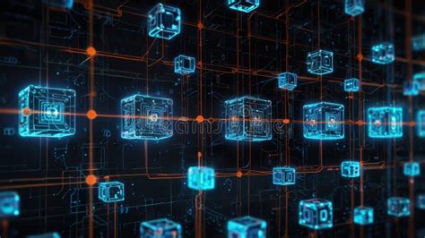 Futuristic Blockchain Network With Glowing Interconnected Cubes Stock Illustration