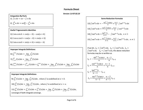 Formual Sheets Midterm Test Winter 2023 Ver 07 02 23 12 00 Hrs4 Page