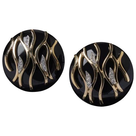 Veschetti 18 Karat Yellow Gold Onyx Diamond Earrings For Sale At 1stdibs