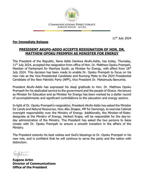Energy Minister Napo Resigns