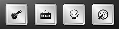 유전자 변형 사과 Gmo 없음 바이오 건강 식품 라벨 박테리아 아이콘이 있는 페트리 접시를 설정합니다 실버 스퀘어 버튼 벡터 0