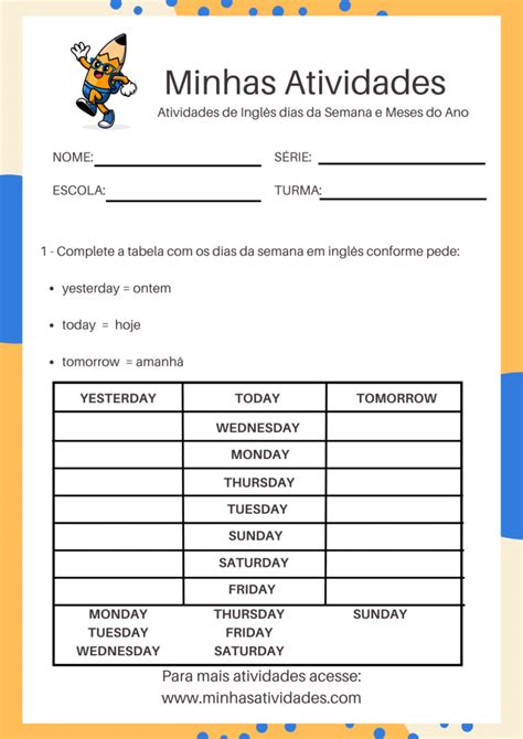 Atividades De Inglês Dias Da Semana E Meses Do Ano