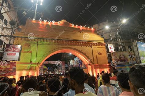Devotees Visiting Nicely Decorated Durga Puja Pandal Durga Puja Is