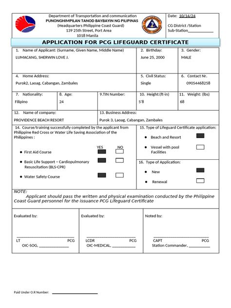 Pcg Lifeguard Certificate Application Pdf Philippines