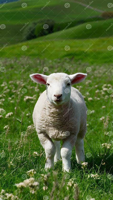 Woolly Lamb Enjoying Lush Green Meadow In Pastoral Setting Stock