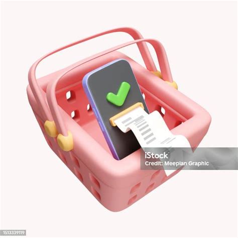 구매와 함께 3d 스마트 폰 영수증 용지를 펼치고 장바구니 가장자리에 드리워져 있습니다 주문 성공 성공 지불 아이콘은 흰색 배경에 분리되어 있습니다 3d 렌더링 그림입니다