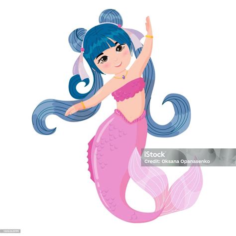 귀여운 만화 인어 푸른 머리와 분홍색 꼬리를 가진 인어 공주 마법의 생물 흰색 배경에서 격리된 벡터 그림입니다 검은색에 대한