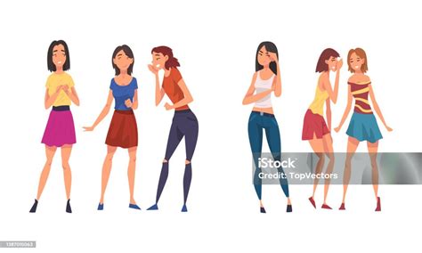 쾌활한 미소 소녀 험담 세트 함께 서 서 만화 벡터 일러스트를 말하는 여자 벡터에 대한 스톡 벡터 아트 및 기타 이미지 벡터