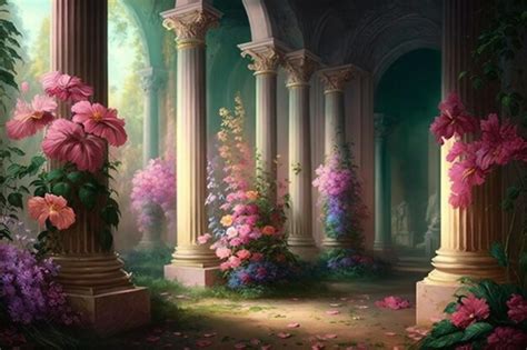 Premium Ai Image A Fantasy Scene With Columns And Flowers