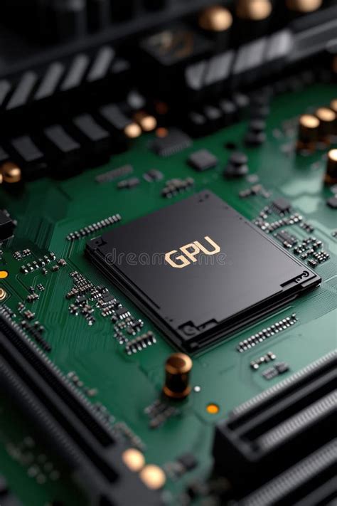 Close Up View Of A Gpu On A Complex Green Circuit Board With Intricate