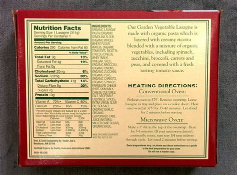 Trader Joes Nutrition Labels Trader Joes Garden Vegetable Lasagne