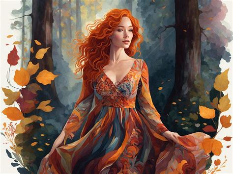 Portrait Of A Beautiful Redhaired Girl In The Autumn Forest Picture And