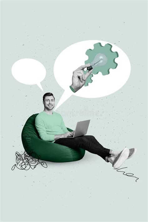 Vertical Collage Image Of Black White Effect Guy Sit Beanbag Use