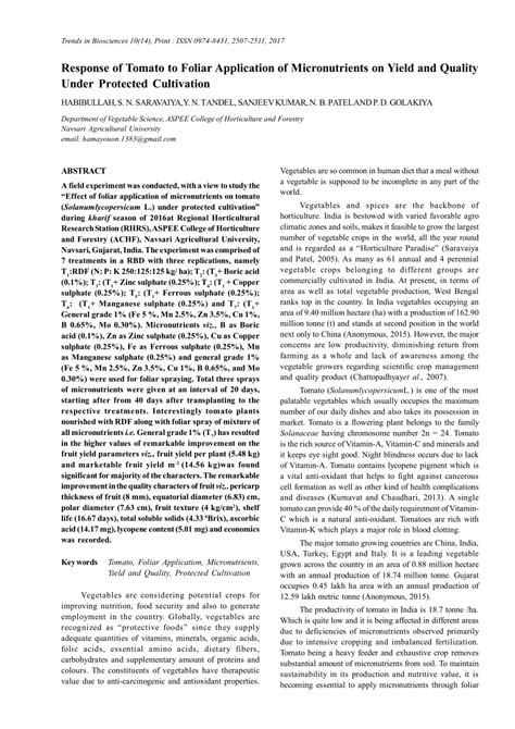 Pdf Response Of Tomato To Foliar Application Of Micronutrients On Yield And Quality Under