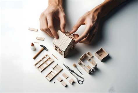 Premium Photo Pair Of Hands Are Visible Assembling A Miniature Wooden Model House Each Piece