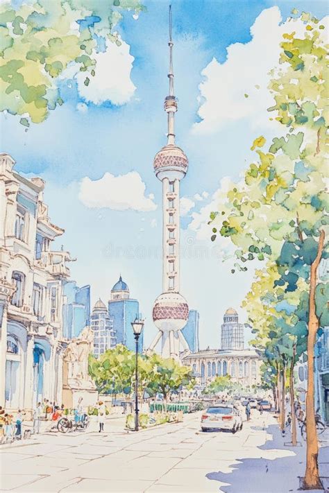 Gouache Illustration Of Shanghai Sunny Morning With Soft Pastel Colour